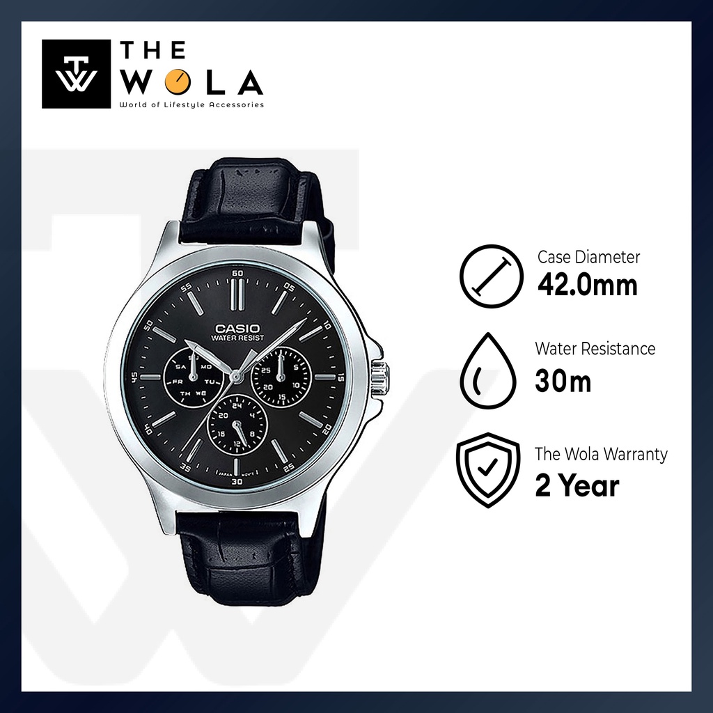2 Years Warranty Casio Men Chronograph Watch Mtp V300l 1a Black Leather Strap Shopee Malaysia