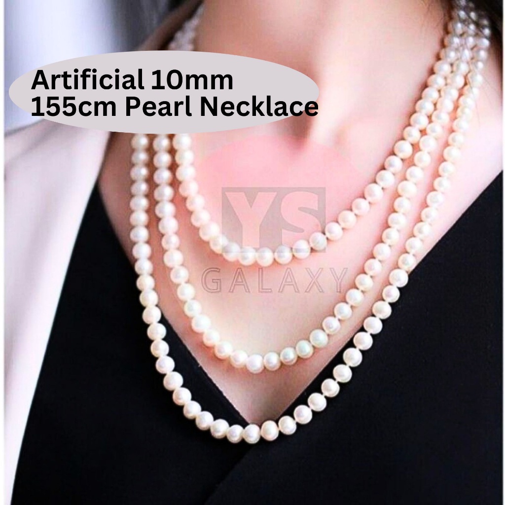 155cm Long Hand Made White Round Chain Pearl Jewelry Necklace Rantai ...