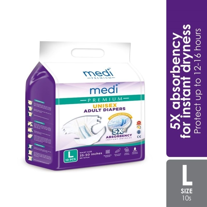 Medi Premium Unisex Adult Diapers L Size (10's) | PGMall
