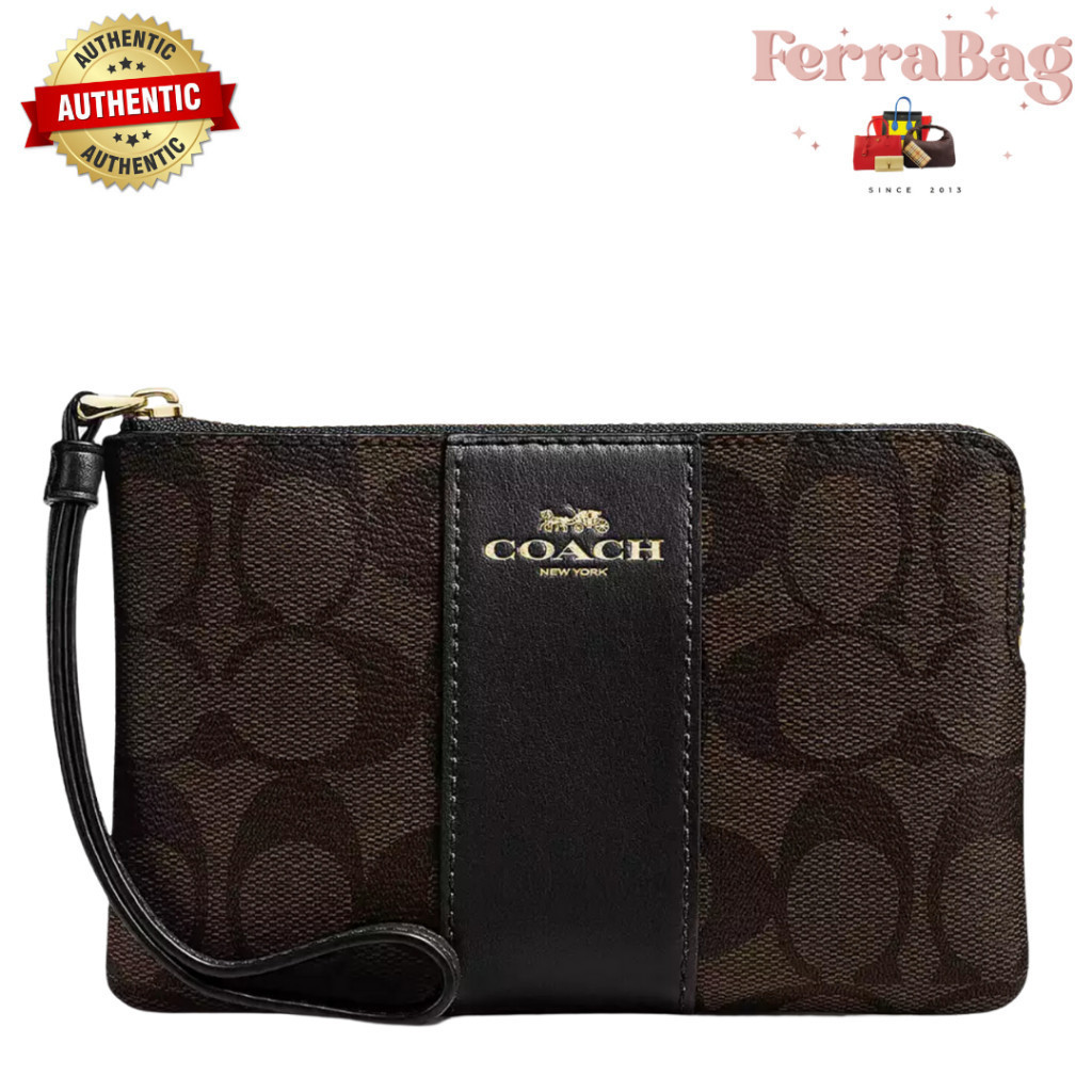 Coach Corner Zip Wristlet In Signature Canvas Brown Black 58035/CS602 ...
