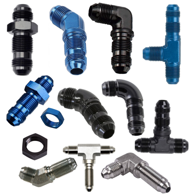 Aluminum black anodized tee full flow straight 45/90 degree male flare ...