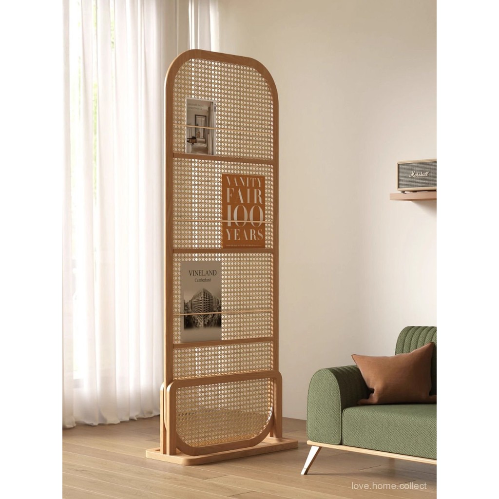 Retro solid wood rattan screen partition with movable blocking seat ...