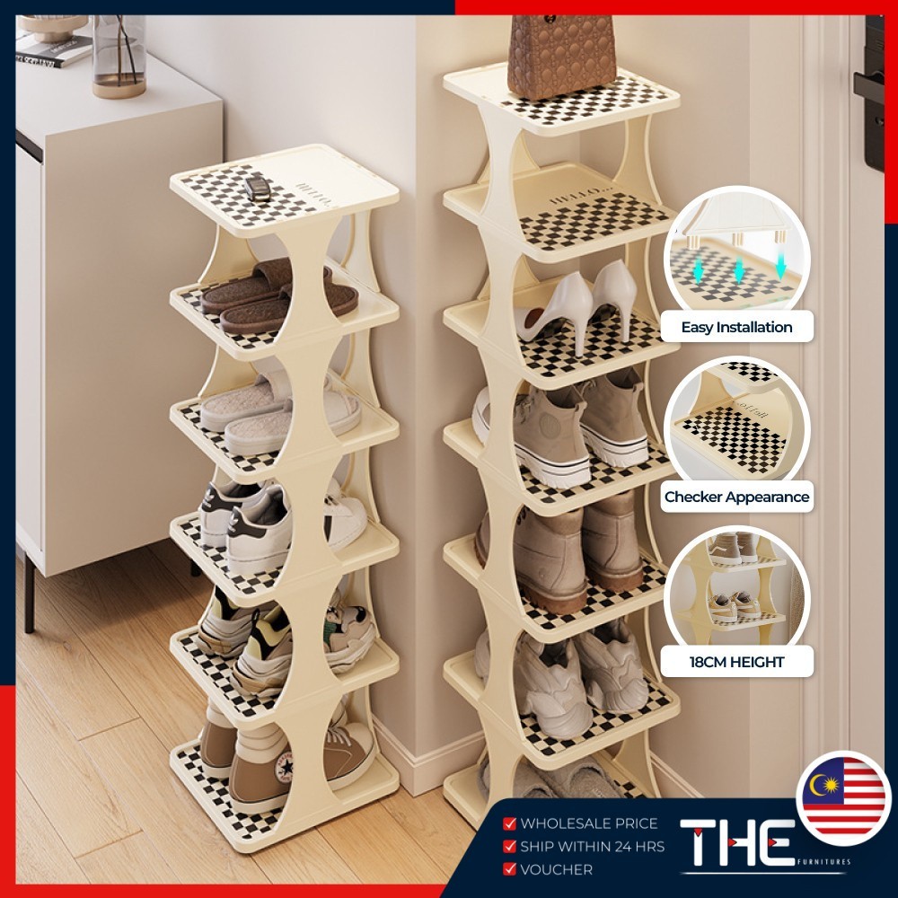 THE L25cm (4/6/8 Layers) Simple Checker Design Narrow Shoes Rack ...