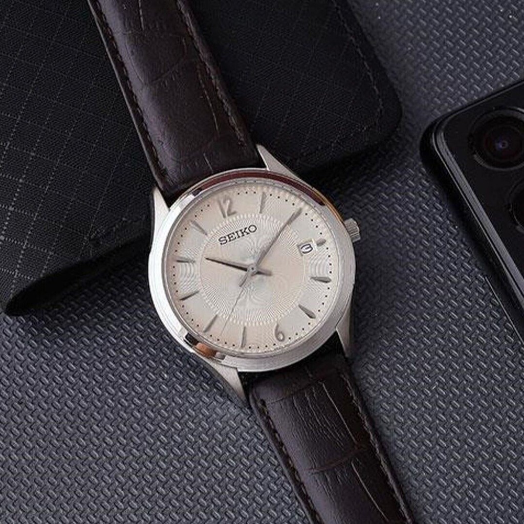 Seiko SUR421P1 Essentials Cream Dial Analog Brown Leather Quartz Men's ...