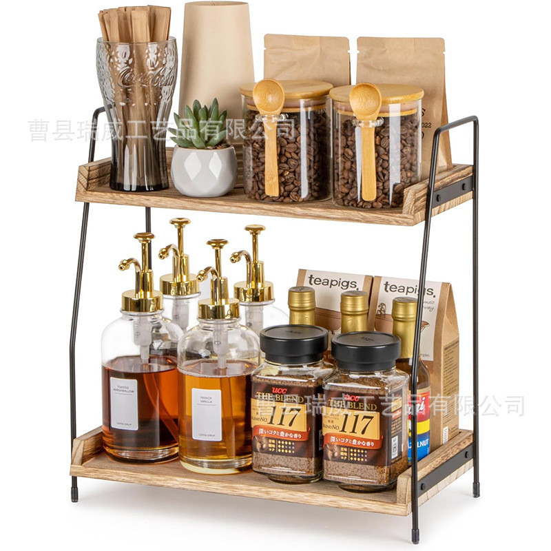 SJ-Wooden Coffee Platform Rack Coffee Bar Storage Rack Double Layered ...