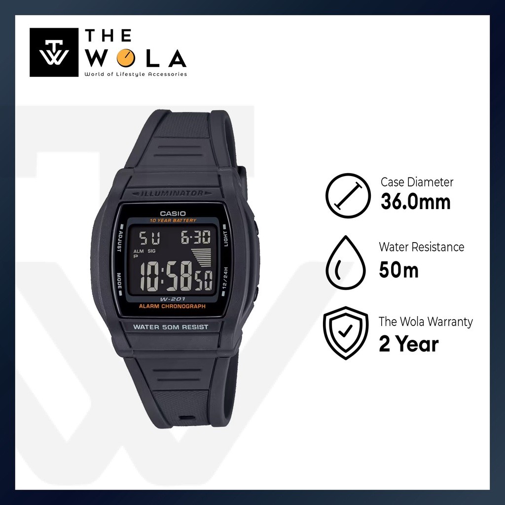 (2 Years Warranty) Casio W-201-1BV Men's Digital Watch with Black Resin Band and 10-Year Battery ...