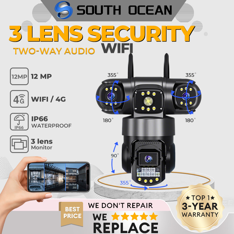 South Ocean CCTV Outdoor 12MP Three Lens 360° Monitoring Wireless IP66 ...