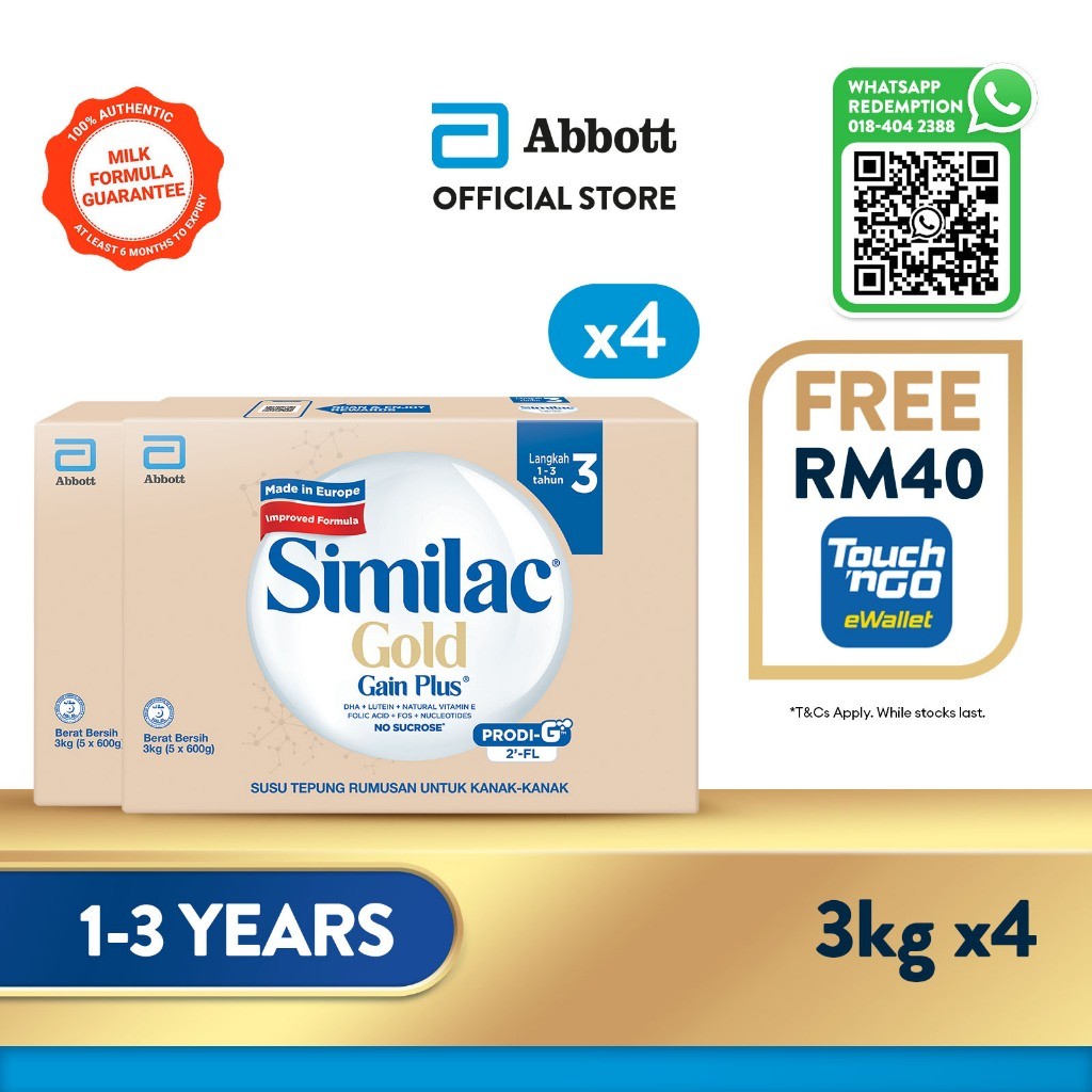 (WA Redemption)Similac Gold Gain Plus Step 3 Growing Up Milk BIB (3kg x 4) [Free RM40 TNG E ...