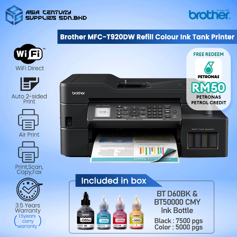 Brother Printer Inkjet MFC-T920DW A4 Refill Ink Tank Printer/Print Scan ...