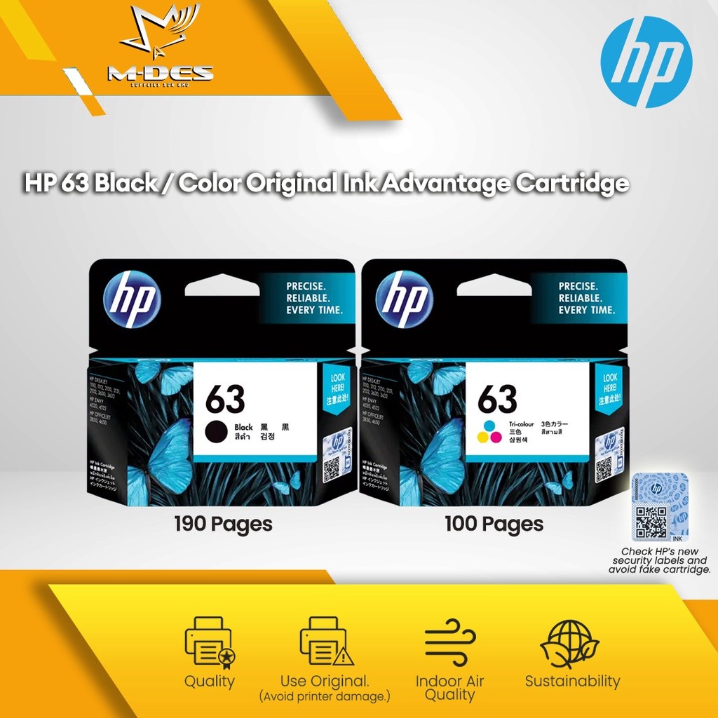 HP 63 / 63XL Black / Tri-Color Original Ink Advantage Cartridge ( F6U62AA, F6U61AA, F6U64AA ...