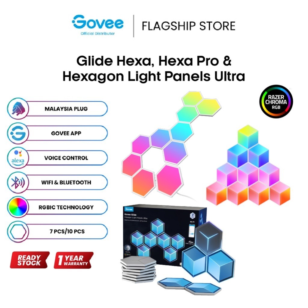 Govee Hexa/Hexa Pro Smart Hexagon Wall Lights Wifi Gaming Light (7 Pcs ...