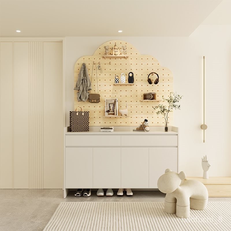 J-H/Solid Wood Pegboard Entryway Shoe Cabinet Above Storage Rack Wall ...