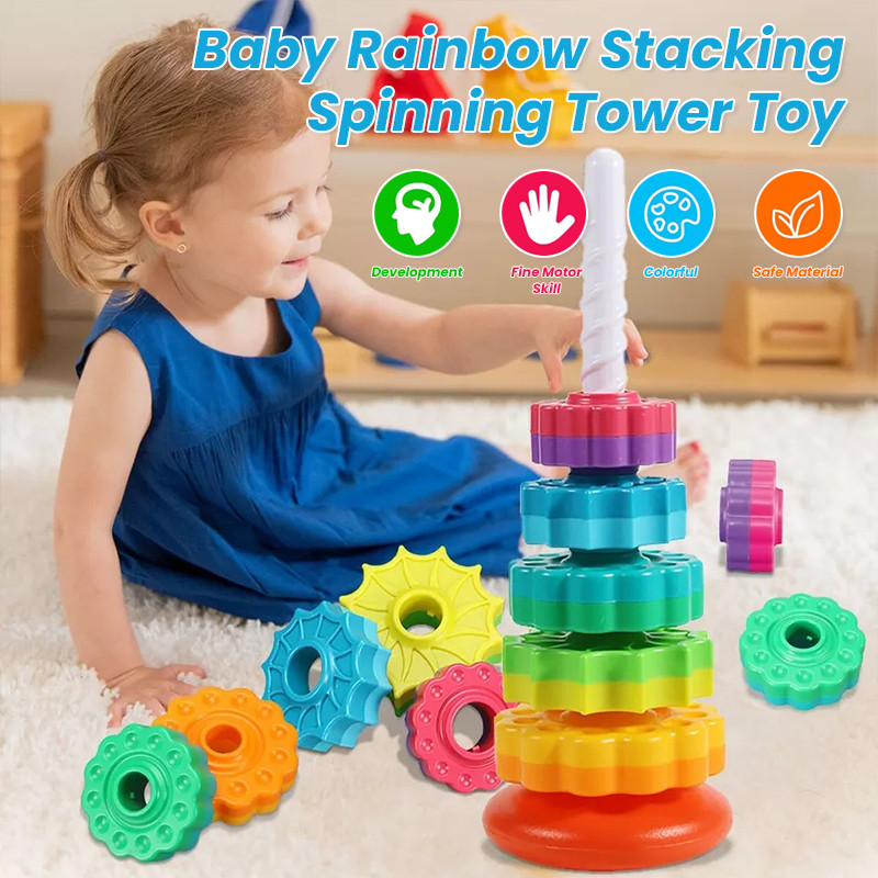 Baby Rainbow Stacking and Spinning Tower Toy Early Learning Training ...