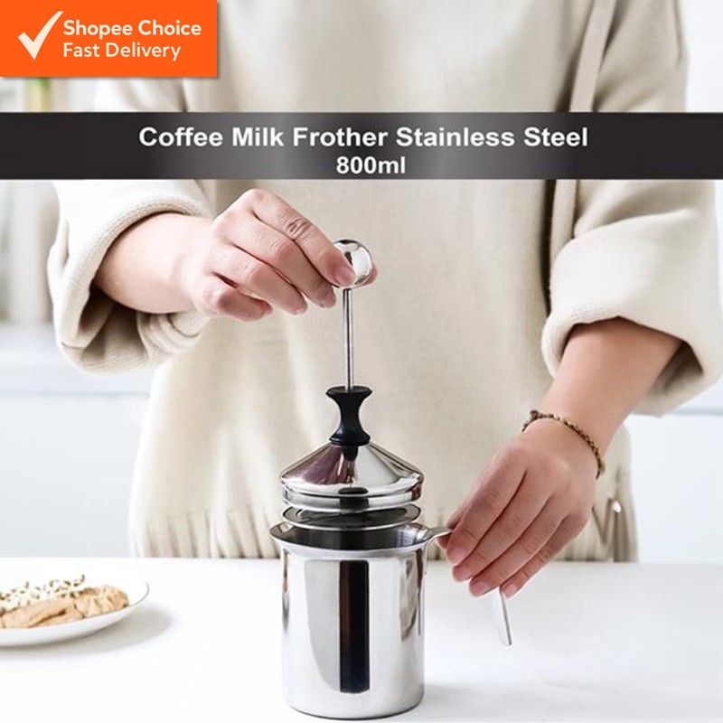 800ml Stainless Steel Manual Milk Frother- Hand Pump Foam Maker Jug for ...