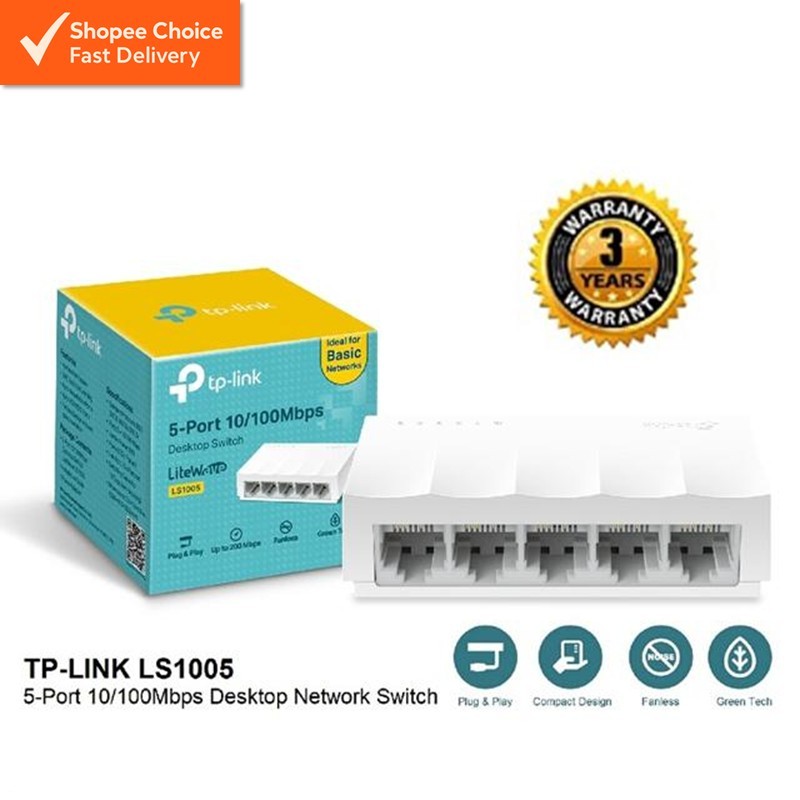 TP-Link LS1005 Network Switch – 5-Port 10/100Mbps RJ45 LAN Hub with ...
