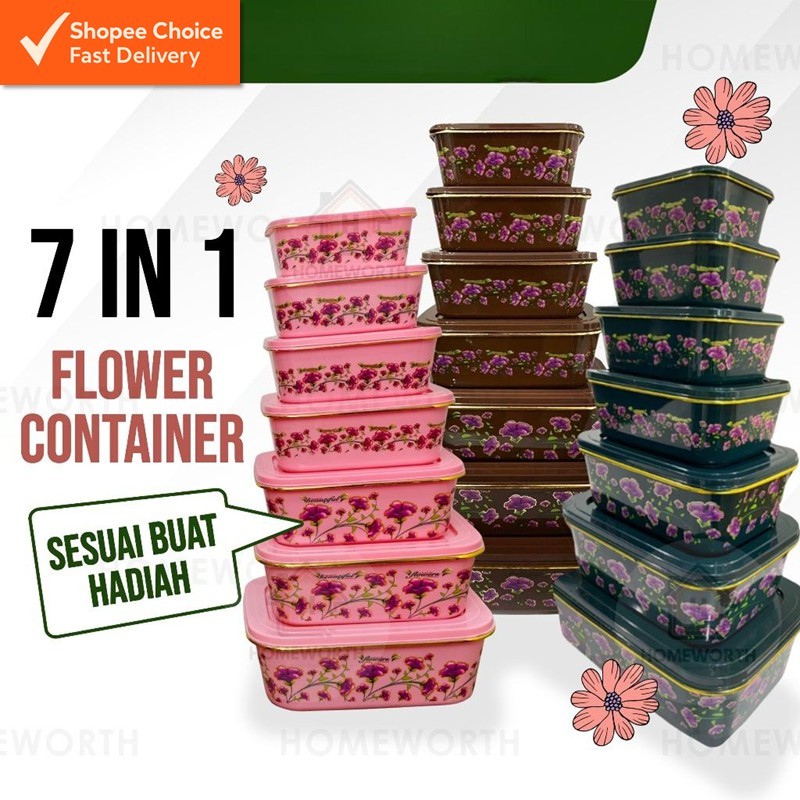 7 in 1 Food Container Set Flower With Lid Bekas Makanan Hadiah ...