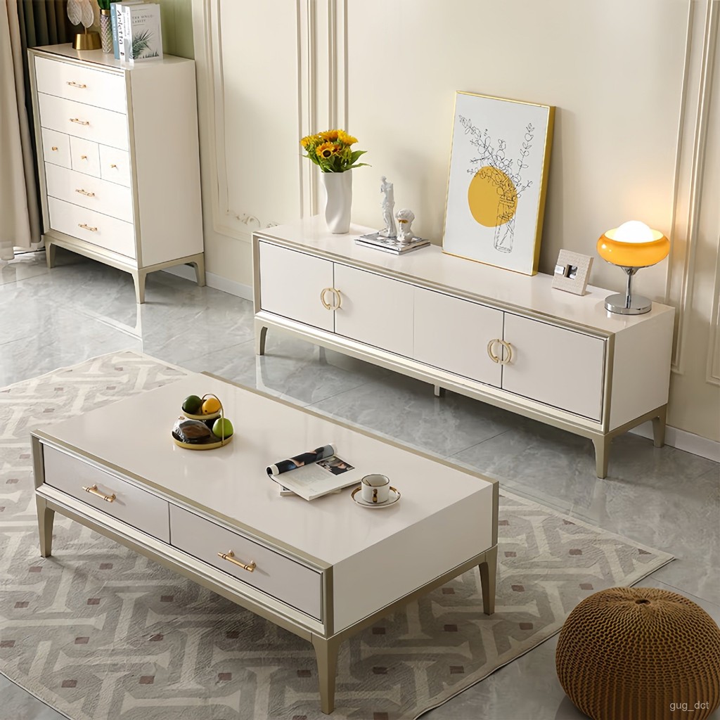 J-H/American Light Luxury White Coffee Table TV Cabinet Combination ...