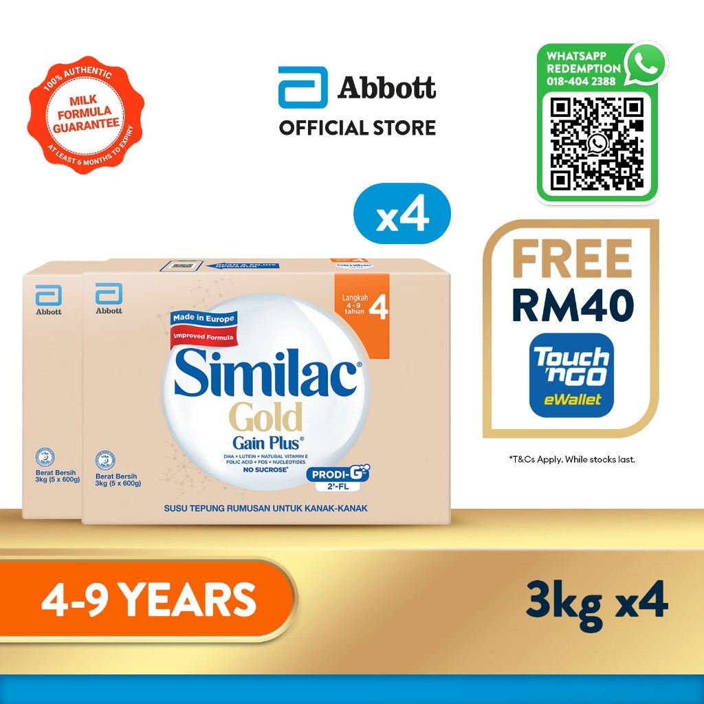 (WA Redemption)Similac Gold Gain Plus Step 4 Growing Up Milk BIB (3kg x 4) [Free RM40 TNG E ...
