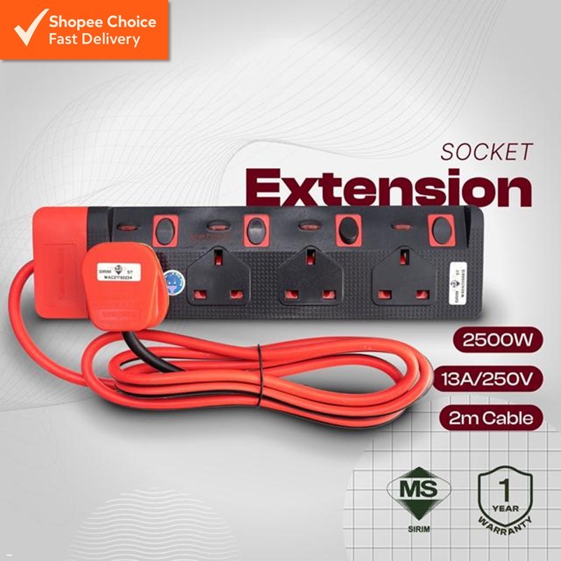 MMX Kelen Munoz 4-Way Power Extension Socket | 13A Trailing Plug | 2M Cable | Neon Light ...