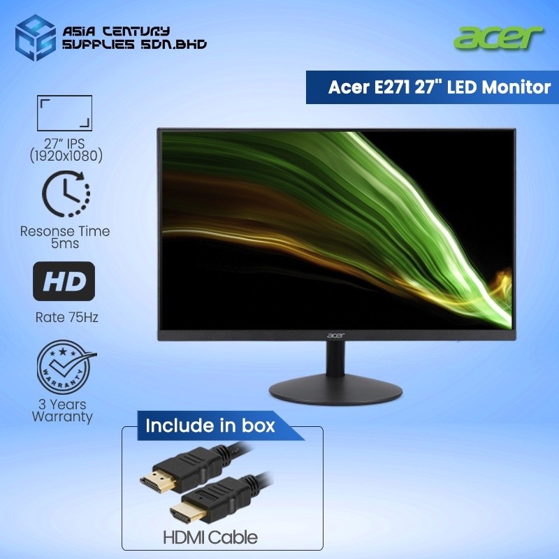 Acer E271 / EK271E 27" IPS FHD 75Hz 1Ms FreeSync LCD Monitor / 1920 x ...