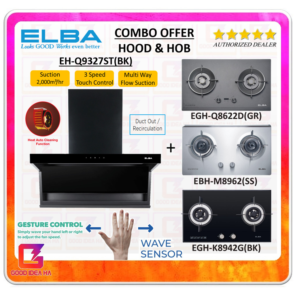 ELBA Cooker Hood EH-Q9327ST(BK) + ELBA Glass Hob EGH-Q8622D(GR) / EBH ...