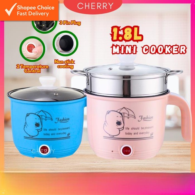 Electric Cooker 1.8L Non-Stick Mini Pot with Steamer Tray, Frying Pan ...