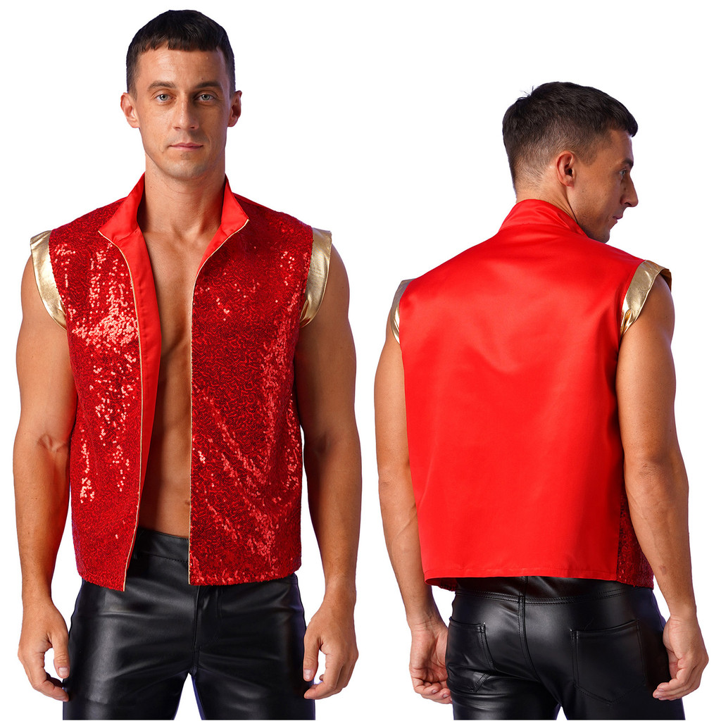 Yeahdor Mens Halloween Arabian Prince Vest Sparkly Sequin Open Front ...