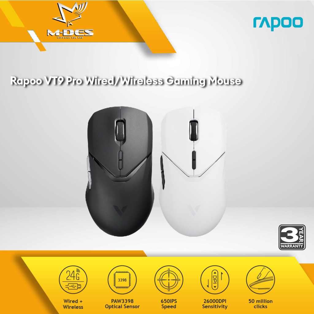 Rapoo VT9 Pro Wireless Gaming Mouse 2.4G Wired 26000 DPI Gamer Wireless Rechargeable Mouse - 3 ...