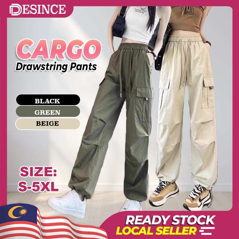 🇲🇾 DESINCE Women Comfy Cargo Drawstring Long Pants Green Black Beige ...