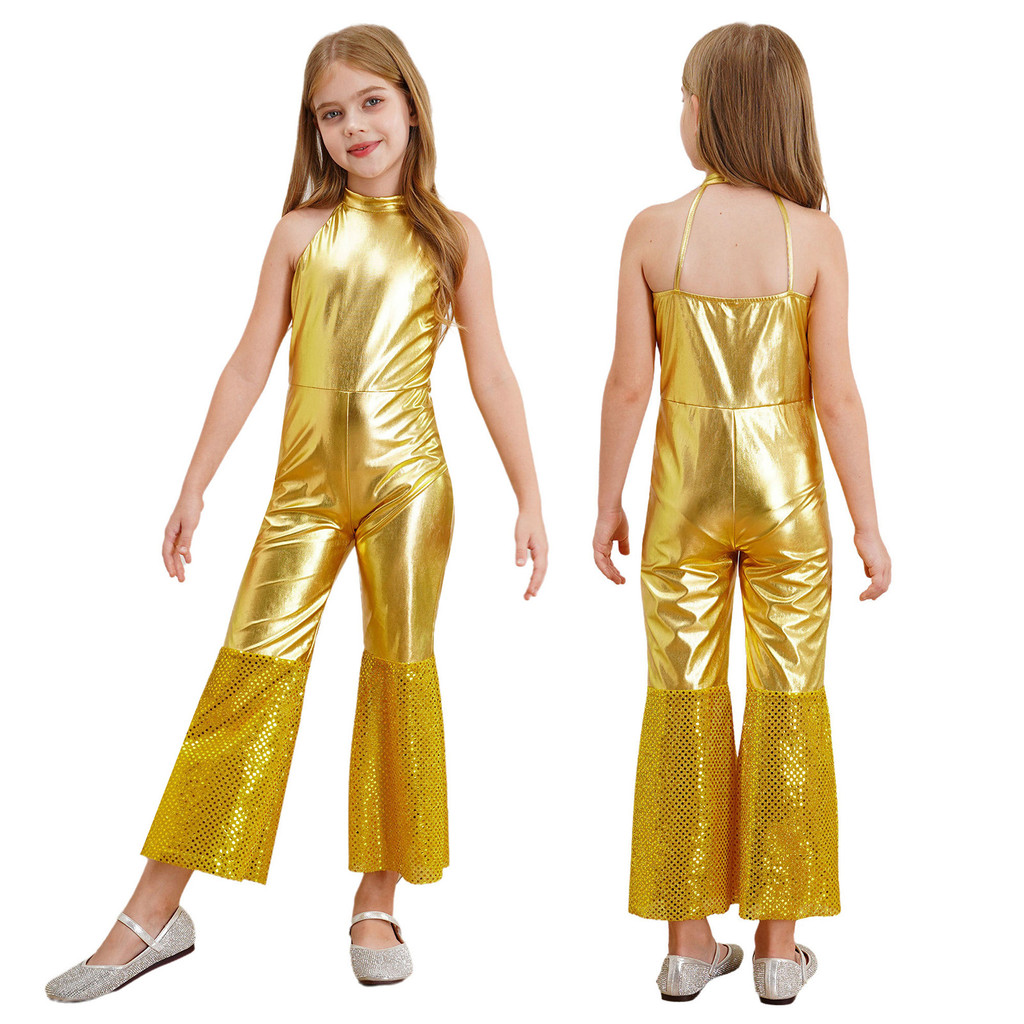 inhzoy Girls 70s Disco Costume Sleeveless Open Back High Waist Jumpsuit ...