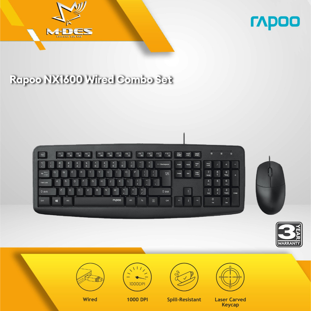 Rapoo Nx1600 Wired Spill Resistant Keyboard And 1600 Dpi Sensor Mouse Combo 3 Years Warranty