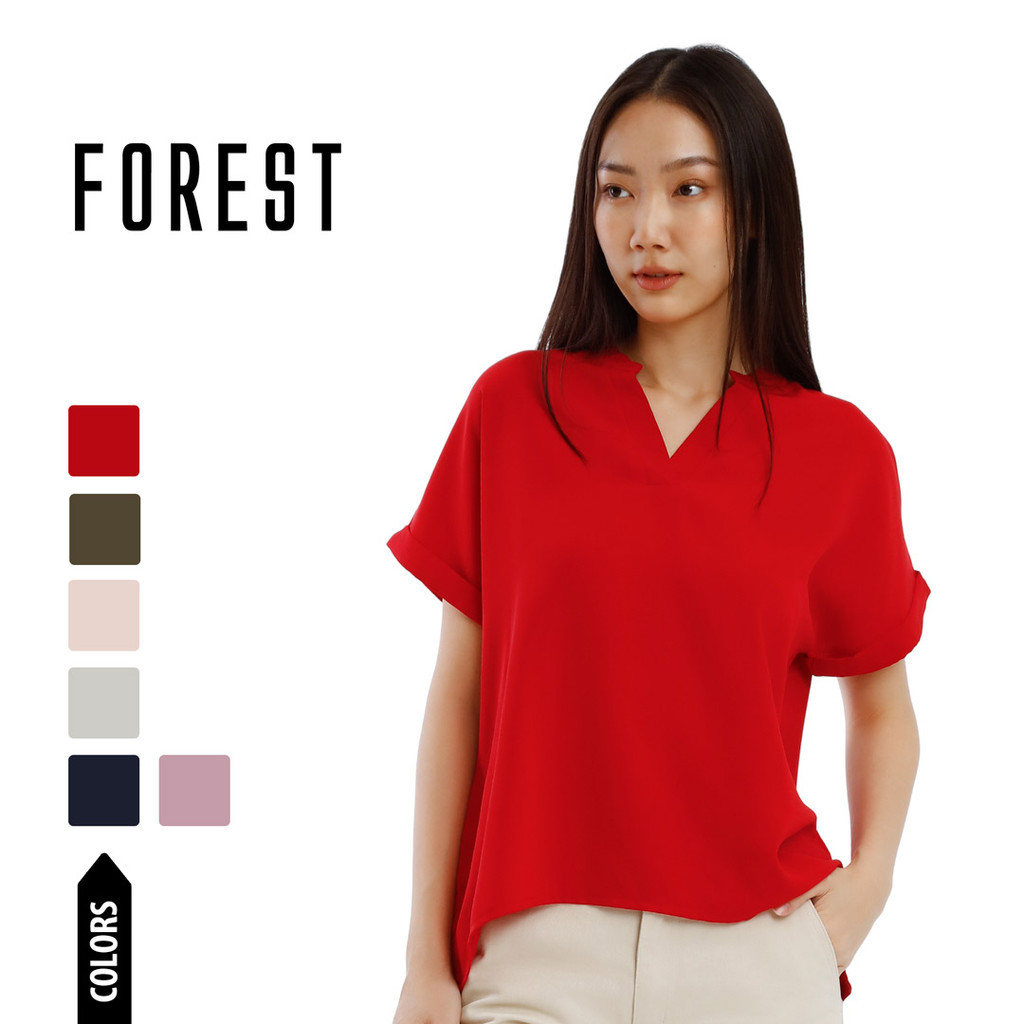 Forest Ladies Polyester Collar Plain Blouse Women Short Sleeve Blouse ...