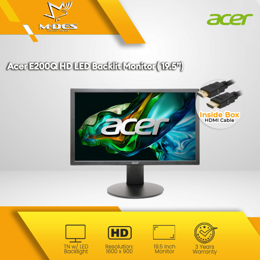 Acer 19.5'' LED Monitor E200Q HD LED Backlit Monitor TN, 60Hz, 1600 x 900, 6ms, VGA, HDMI, 3Y ...