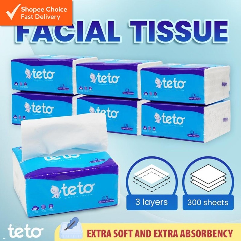 10 Pck x 300 Sheets Teto 3-Ply Soft Facial Tissue |3000 Sheets, Premium ...