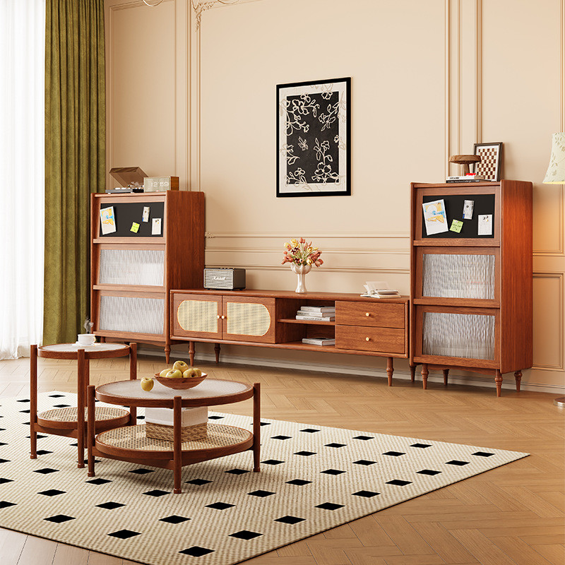 J-H/French Retro Solid Wood Rattan TV Cabinet Round Coffee Table Set ...