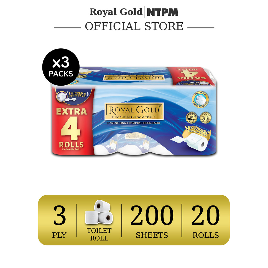 Royal Gold Elegant Toilet Roll (16 + EXTRA 4 Rolls x 200's) x 3 Packs ...