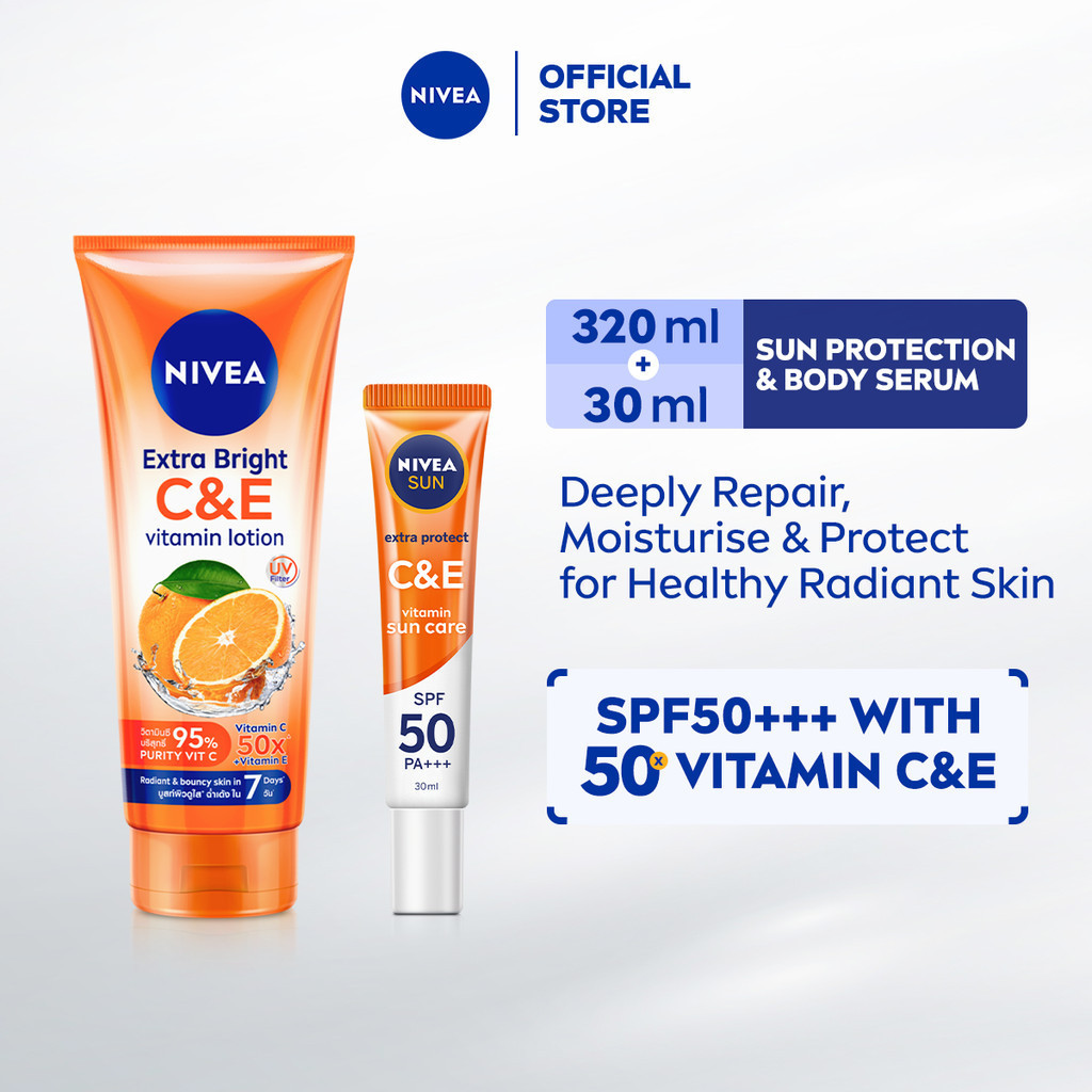 NIVEA Extra Bright C&E Vitamin Lotion (320ml) + NIVEA C&E Sun Protect Serum SPF50 Pa+++ (30ml ...