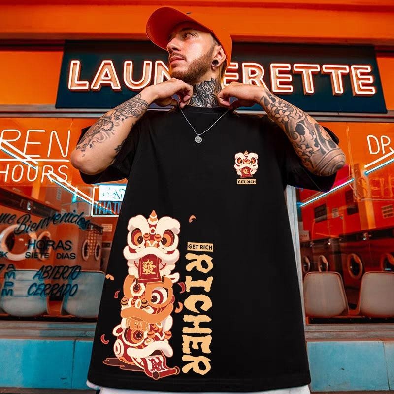 【COD】S-8XL 2025 CNY tahun baru pakaian Retro Lion Dance dicetak lengan pendek kemeja t untuk ...