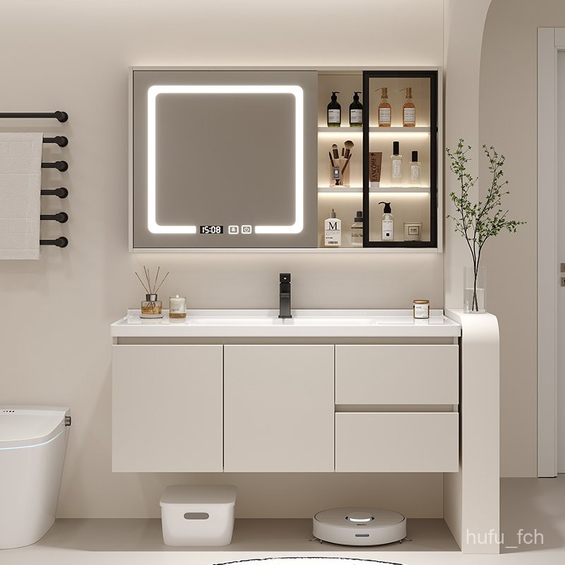 J-H/Cream-colored Ceramic Integrated Basin Bathroom Cabinet Set Solid ...