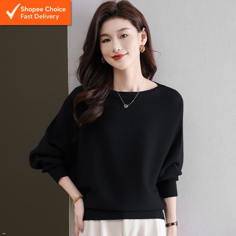 MOCHA Women's Bat Sleeve Sweater Loose Knit Solid Color Pullover | Baju ...