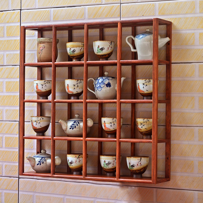 J-H/Tea Cup Rack Wall-Mounted Solid Wood Red Wood Wall-Hanging Display ...