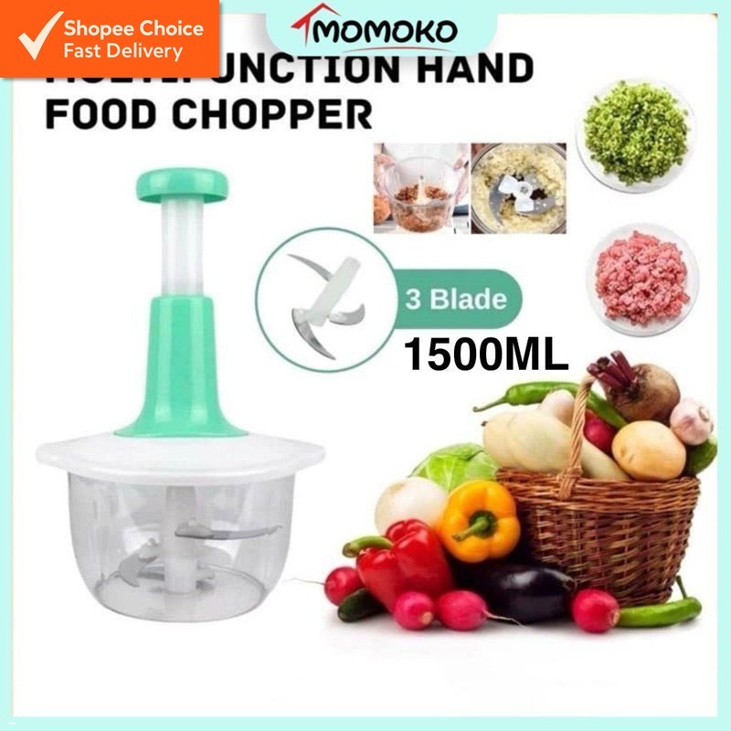 Hand Press Push Food Processor Chopper 1500ML Chopping Fruits Vegetable ...
