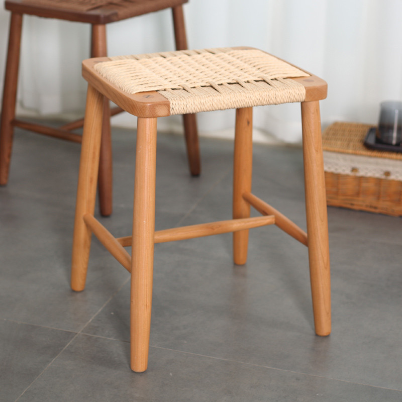J-H/#Bar Stool Woven Rope Stool Nordic Home Dining Stool Cherry Wood Dressing Stool Walnut Wood ...