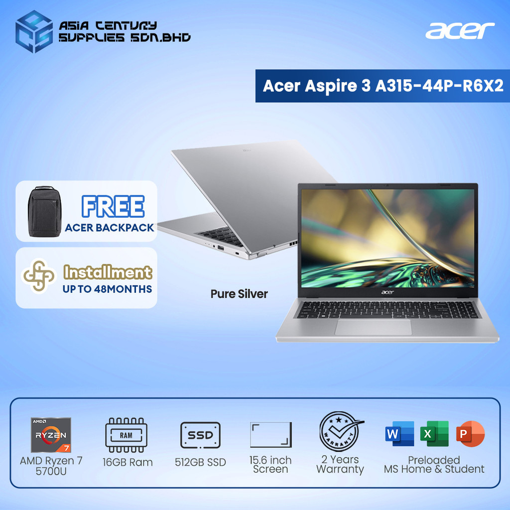 Acer Aspire 3 A315-44P-R6X2 Laptop R7-5700U/16GB DDR4/512GB SSD/AMD/WIN11/Microsoft Office H&S ...