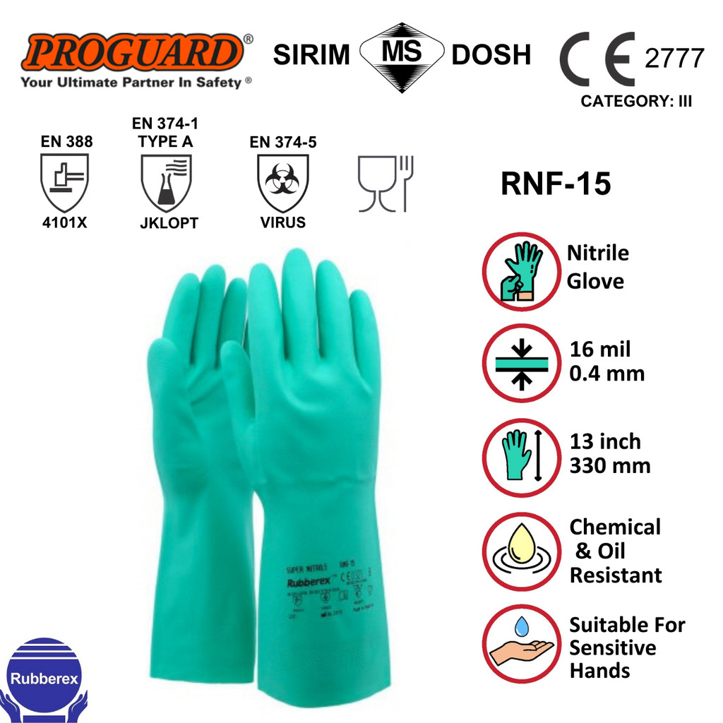 Rubberex 13" Reusable Nitrile Lining Green Rubber Glove Chemical ...