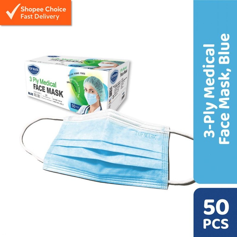 Top Glove 3-Ply Medical Face Mask Blue | Adult Earloop Mask | 50 Pcs/Box | Certified ASTM Level ...