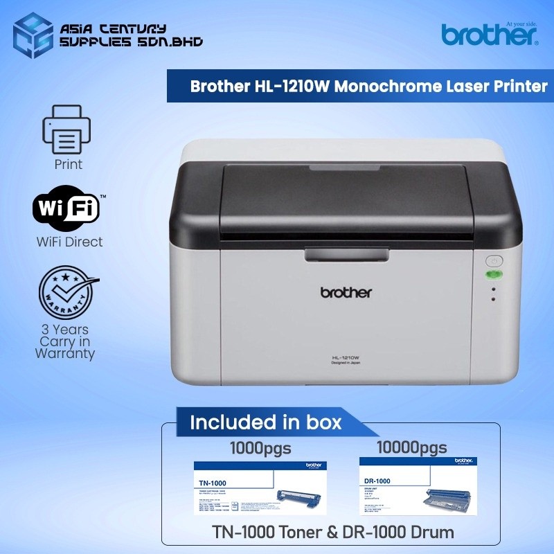 Brother HL-1210W Monochrome Single Function Laser Printer / Print Wireless / Toner TN-1000 ...