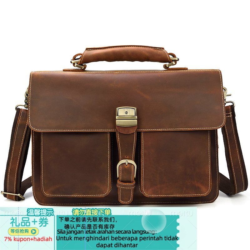 Get 7% coupon+gift】eather Briefcase European and American Retro Men's ...
