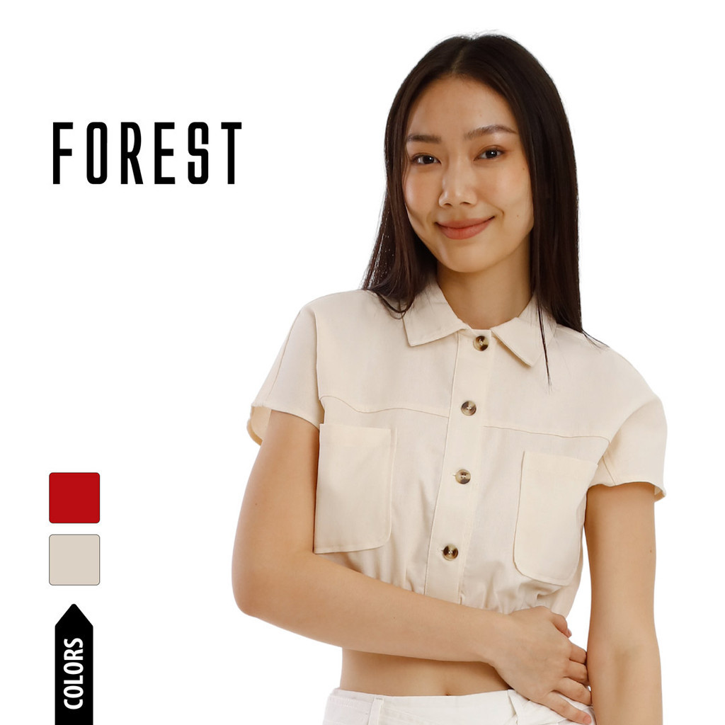 Forest Ladies Cotton Linen Cropped Shirt Women Button Up Collar Cropped ...