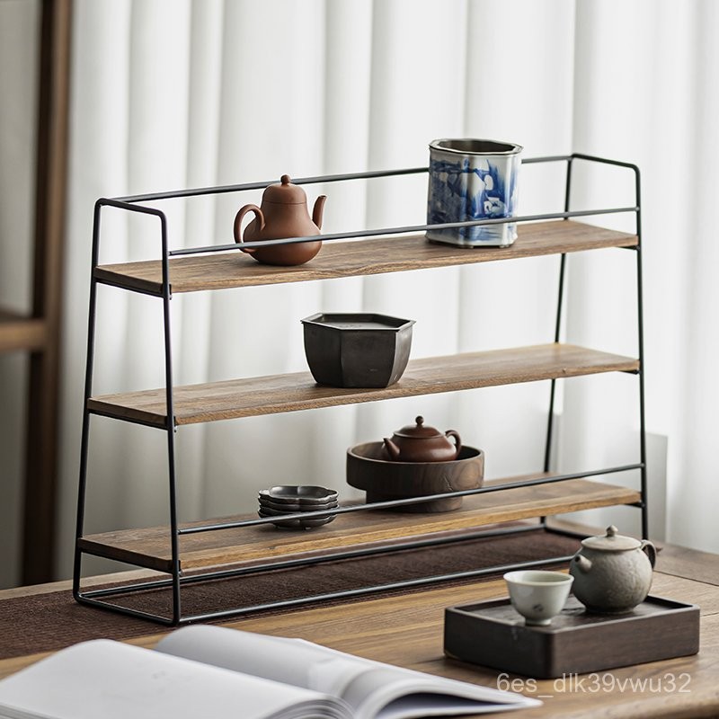 J-H/Cao Mu Temple Iron Art Storage Rack Black Walnut Wood Board Tea Set ...